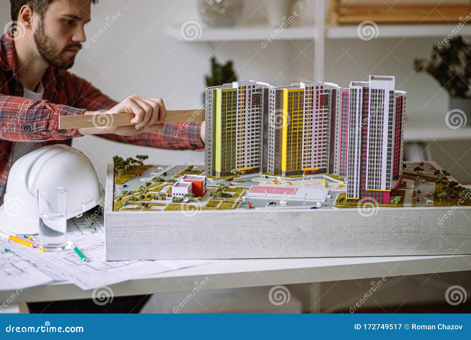 Young Man Making Building Model in Office Stock Image - Image of modern ...