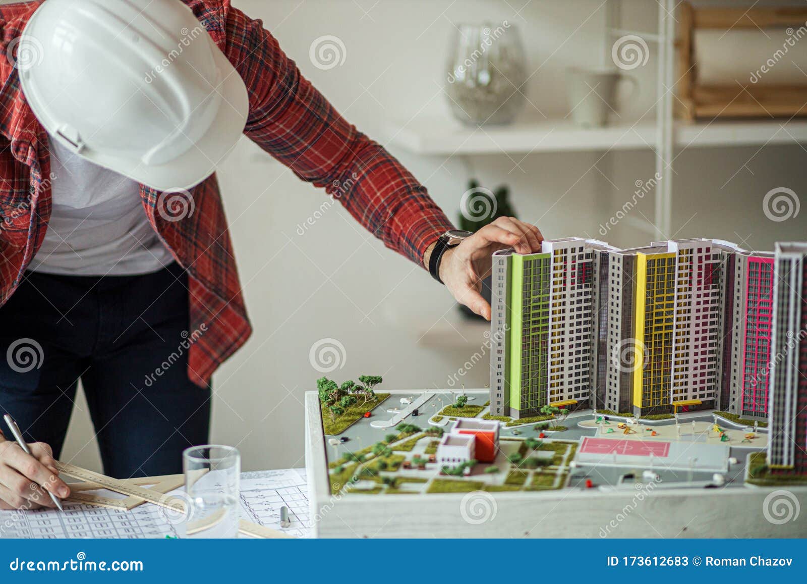 Young Man Making Building Model in Office Stock Image - Image of ...