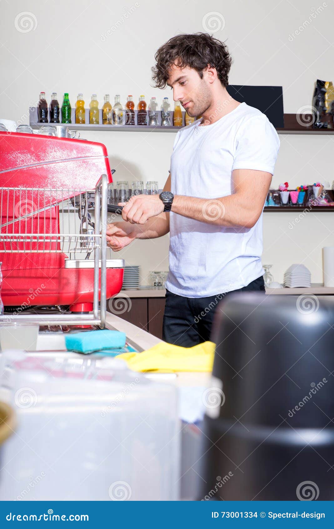 Young man making coffee stock photo. Image of barista - 73001334