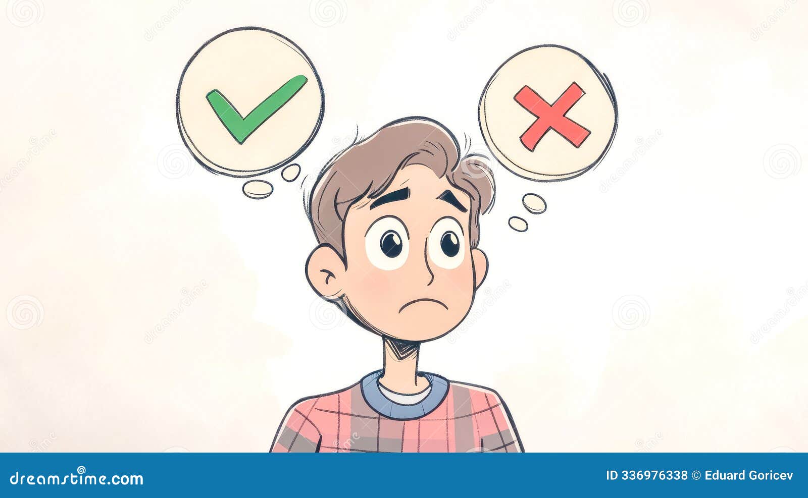 Young Man Making Difficult Decision with Right and Wrong Symbol Above ...