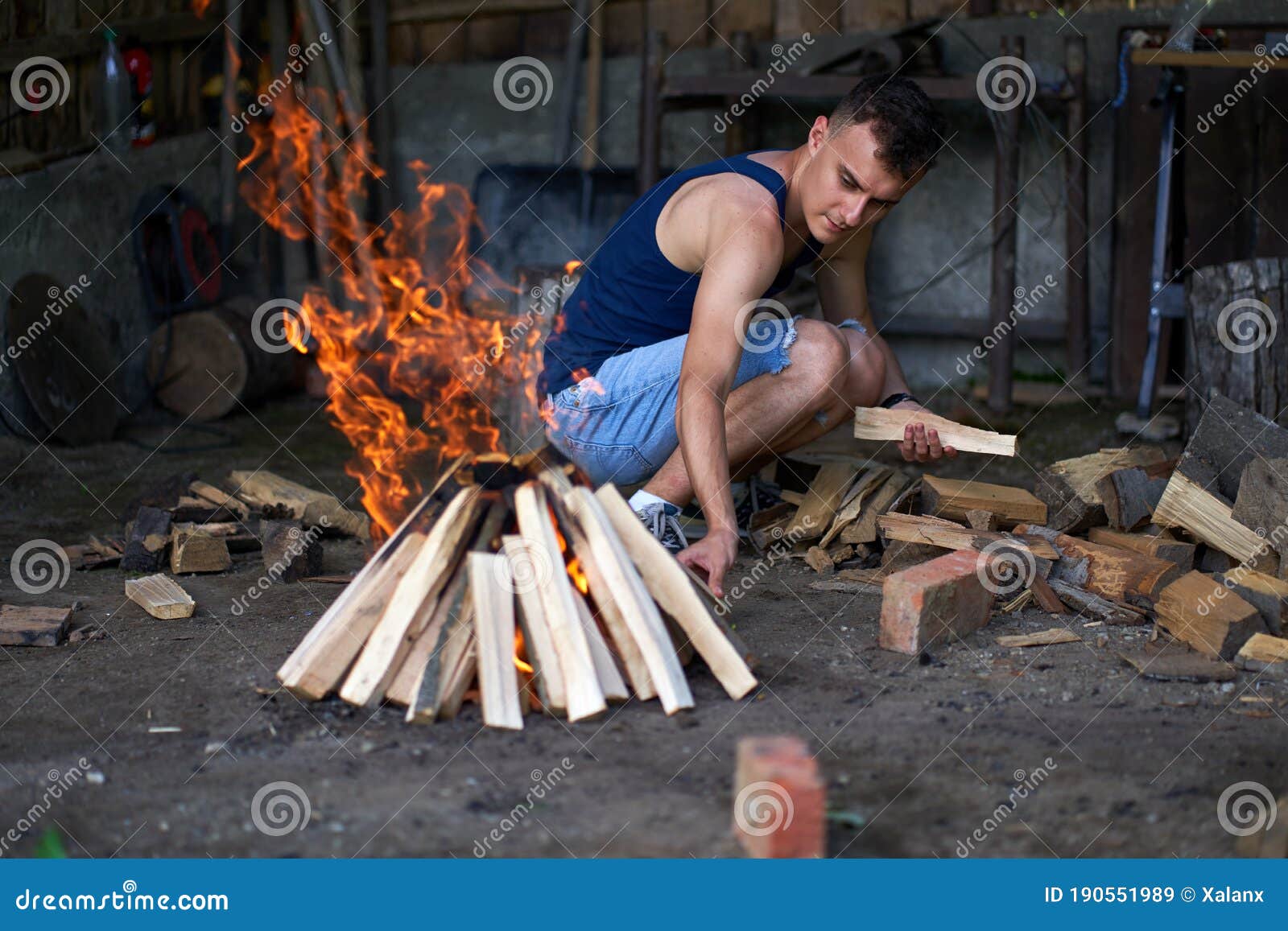 Young Man Making a Fire for Bbq Stock Image - Image of grill, male ...