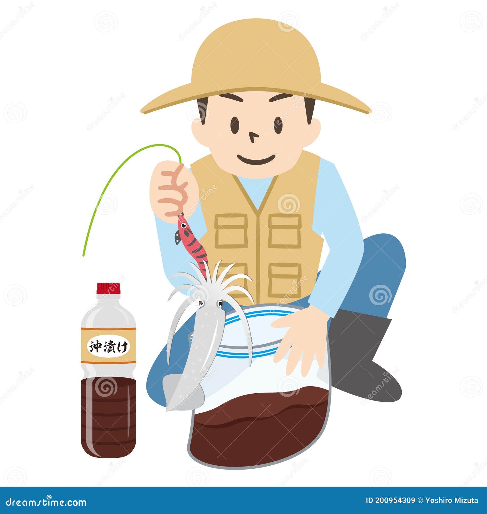 Young Man Making Marinated-on-the-spot Squids Stock Vector ...