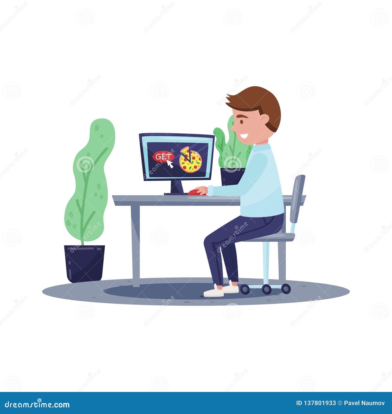 Young Man Making Order of Pizza Using Computer. Fast Food Delivery ...