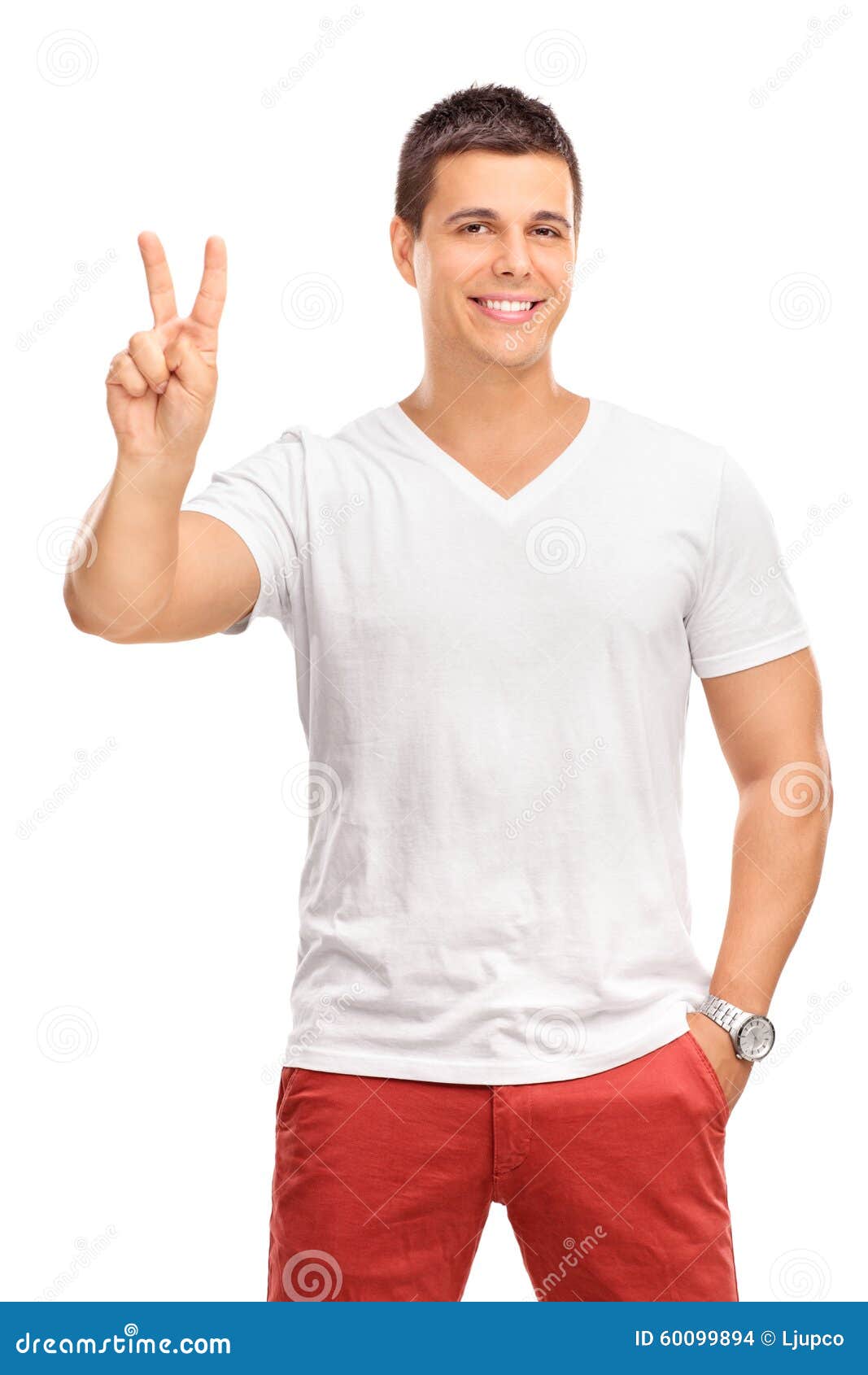 Young Man Making a Peace Hand Gesture Stock Photo - Image of vertical ...