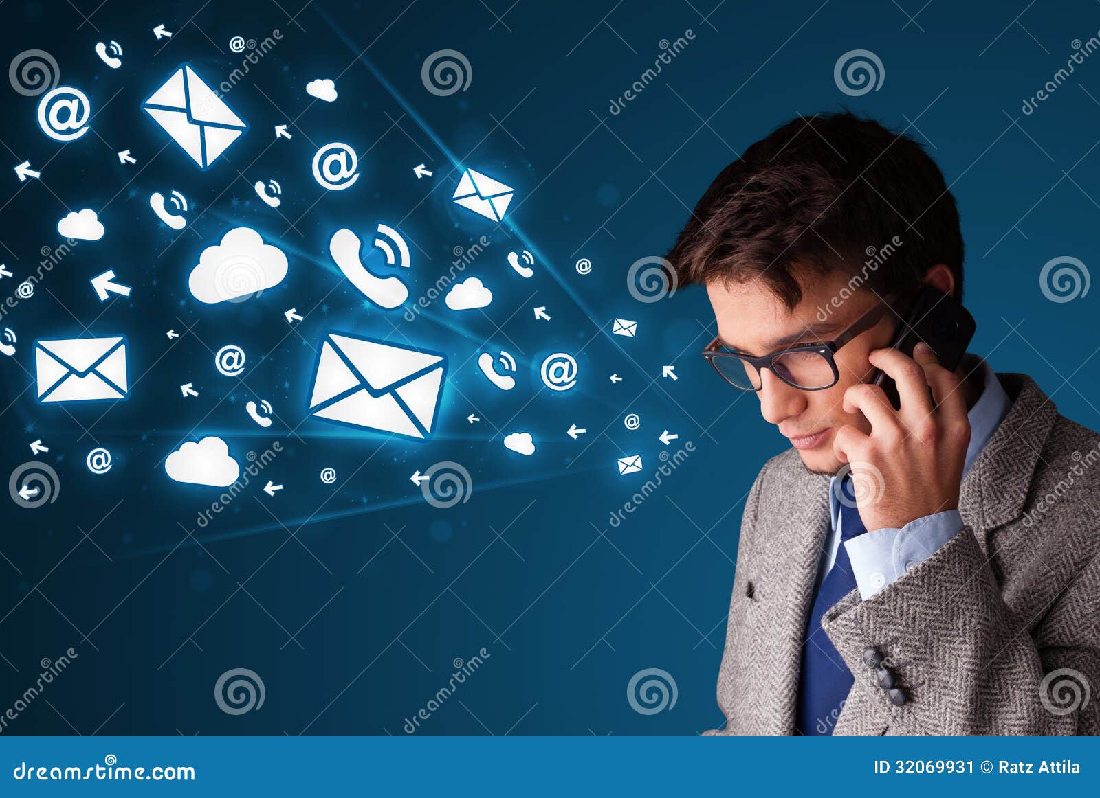 Young Man Making Phone Call with Message Icons Stock Image - Image of ...