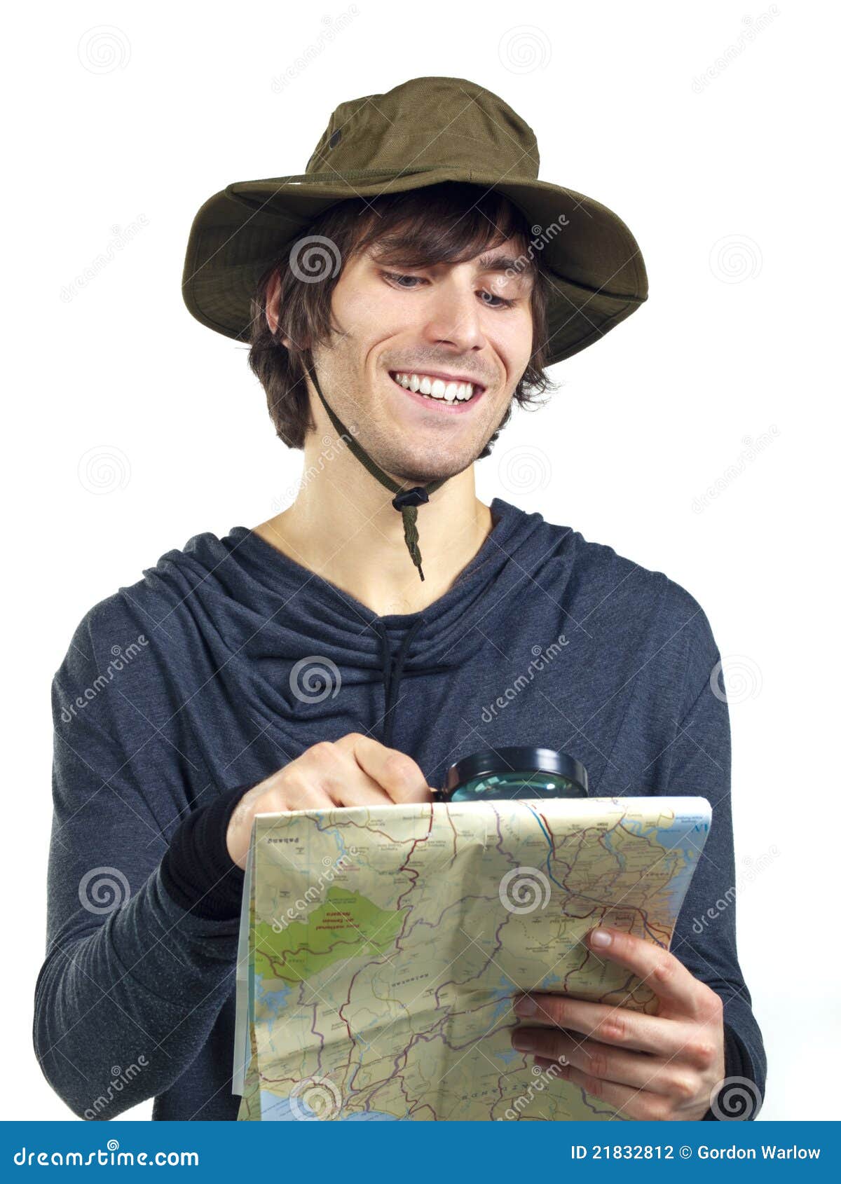 Young Man with a Map and Magnifying Glass Stock Photo - Image of hands ...