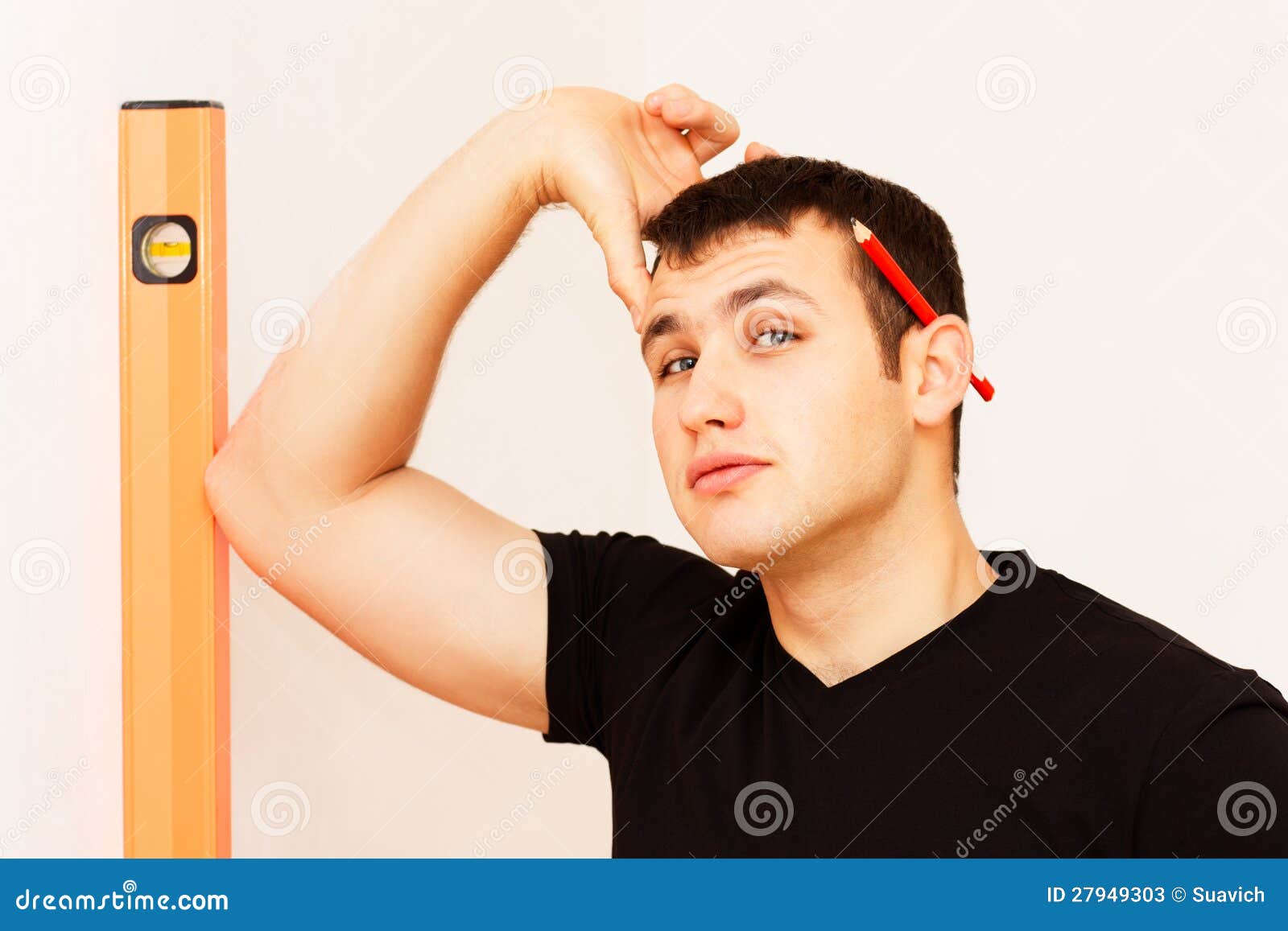 Young Man with Measuring Tool and Red Pencil Stock Image - Image of ...