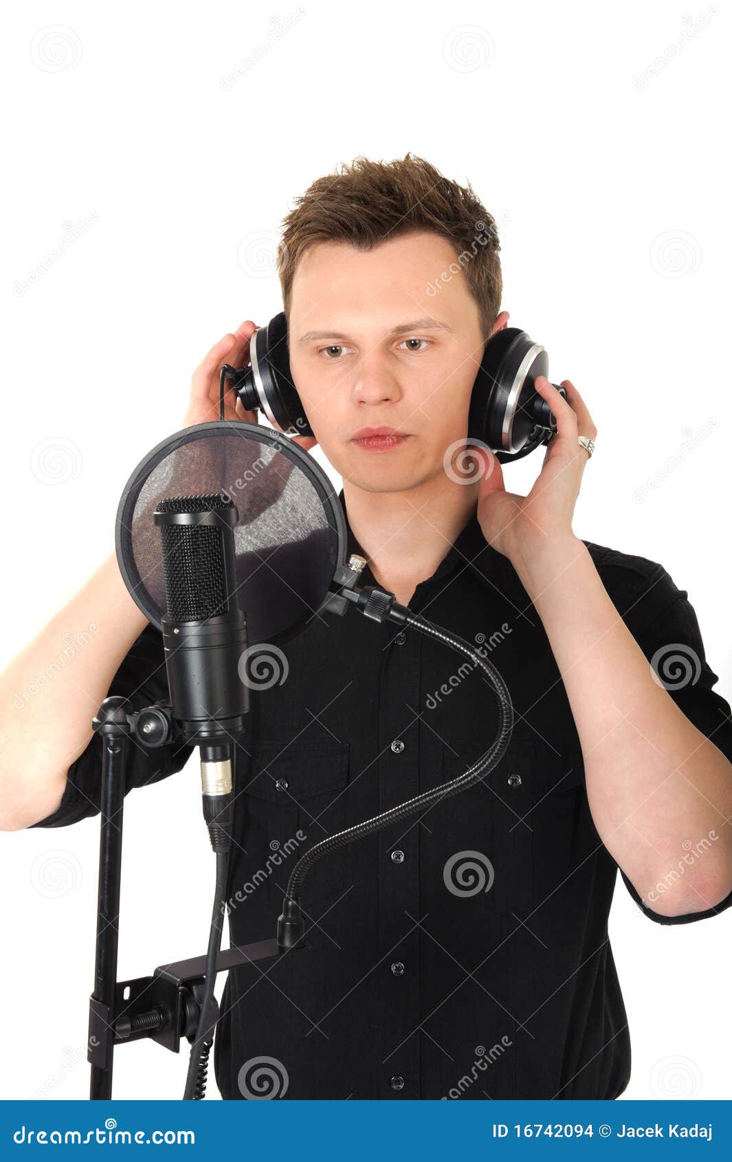 Young Man with Microphone on White Background Stock Photo - Image of ...