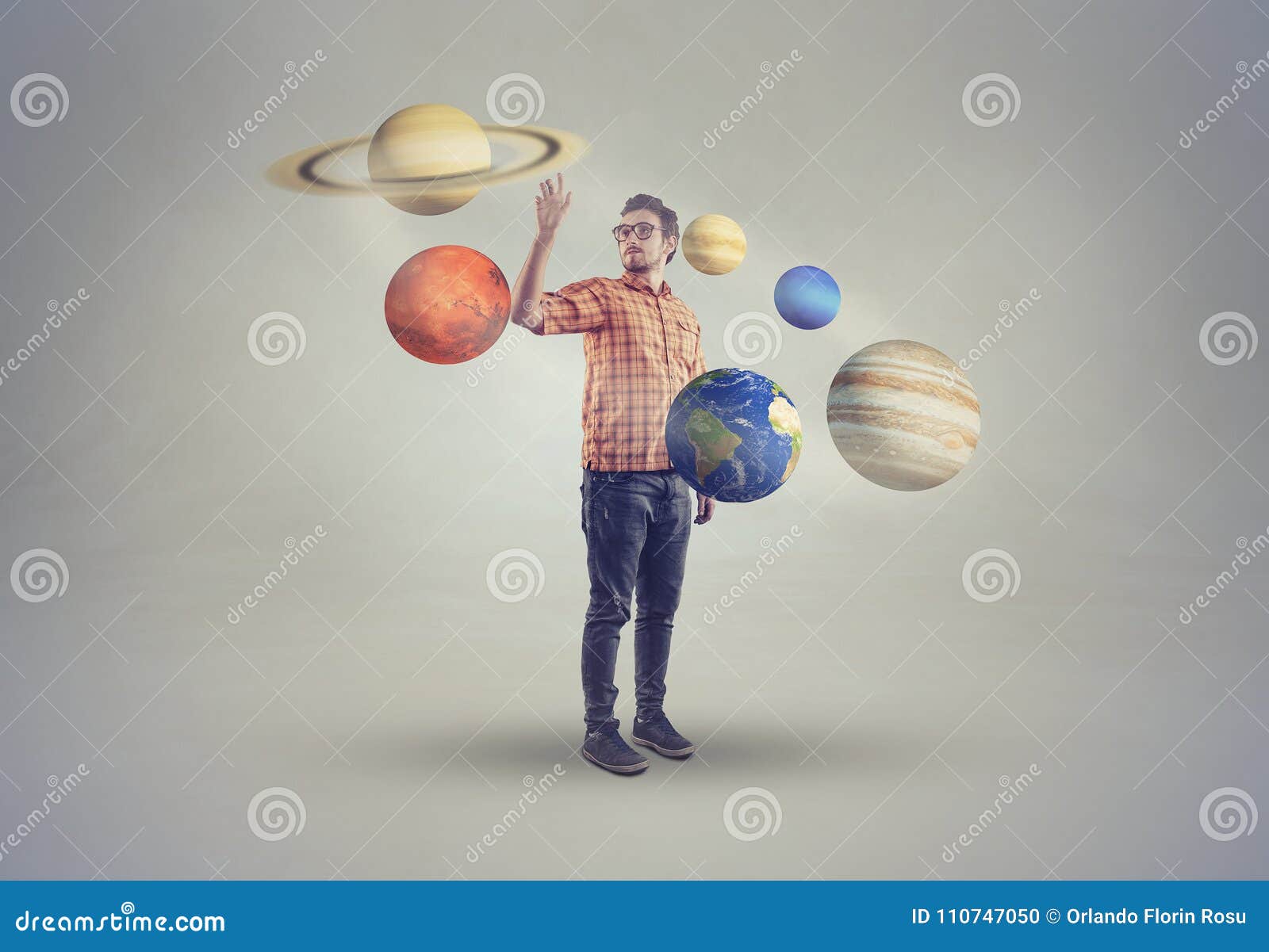 Young Man in Middle of Solar System Stock Photo - Image of choice ...