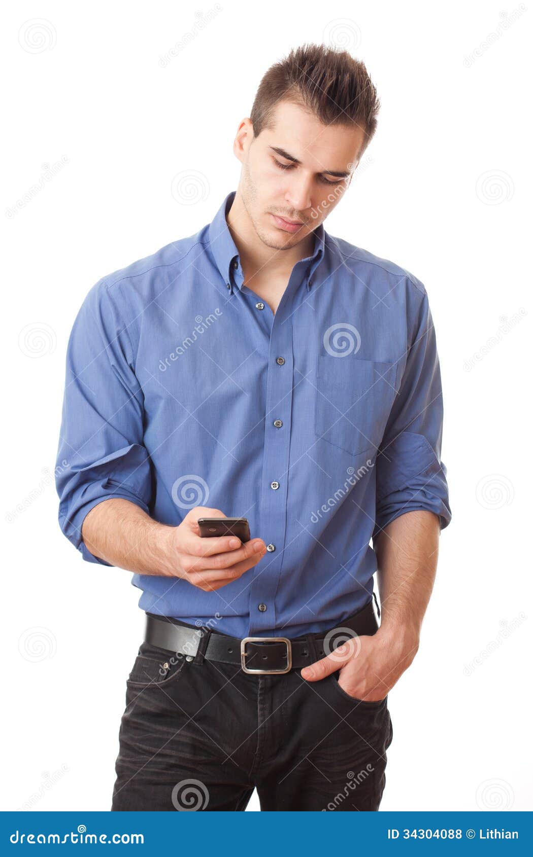 Young Man with Mobile Phone. Stock Photo - Image of blue, looking: 34304088