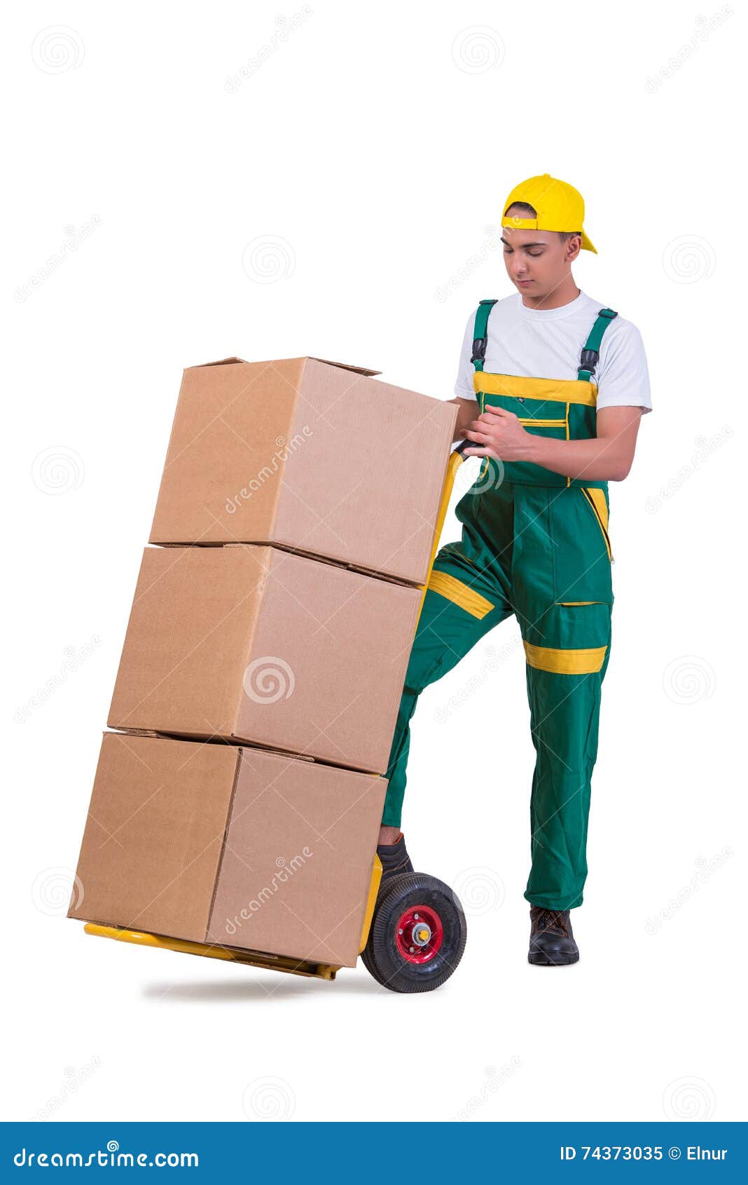 The Young Man Moving Boxes with Cart Isolated on White Stock Image ...