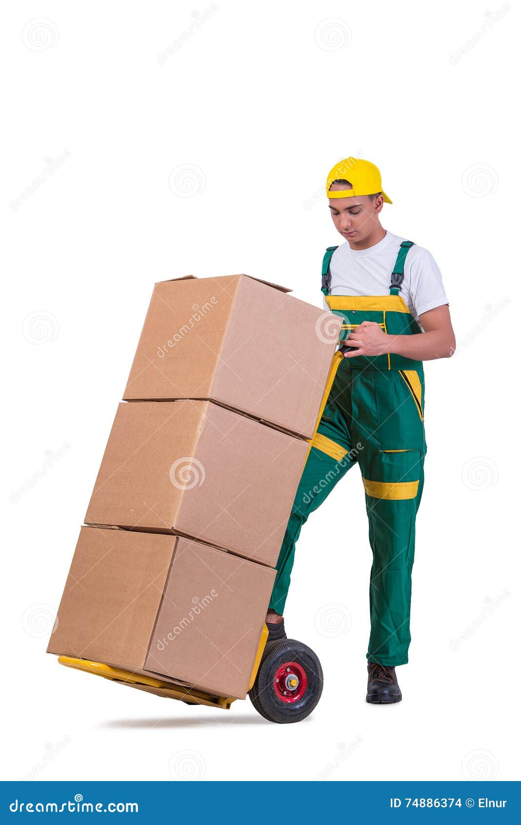 The Young Man Moving Boxes with Cart Isolated on White Stock Photo ...