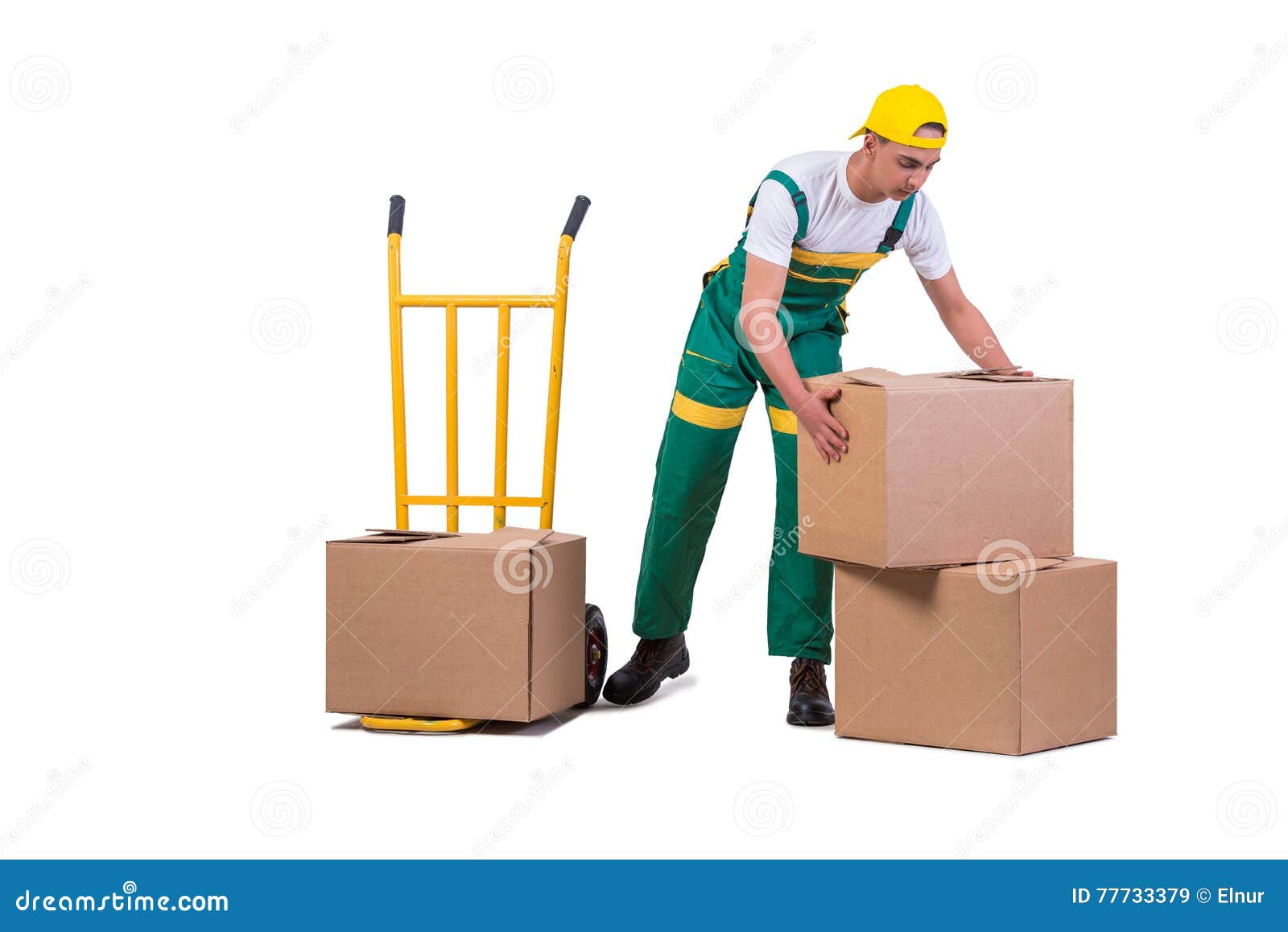 The Young Man Moving Boxes with Cart Isolated on White Stock Image ...