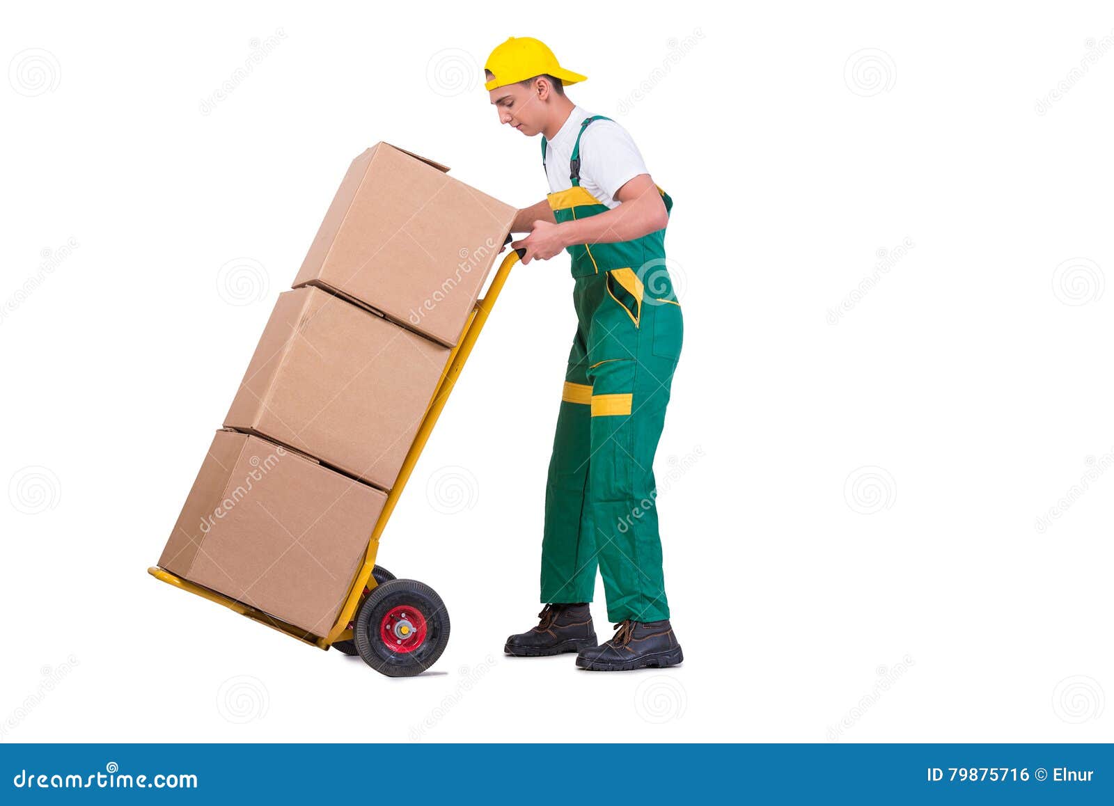 The Young Man Moving Boxes with Cart Isolated on White Stock Photo ...