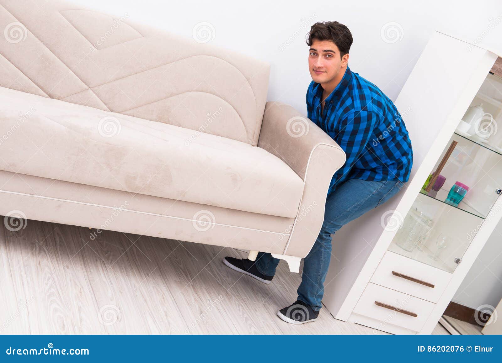 The Young Man Moving Sofa Couch Stock Photo - Image of backpain ...