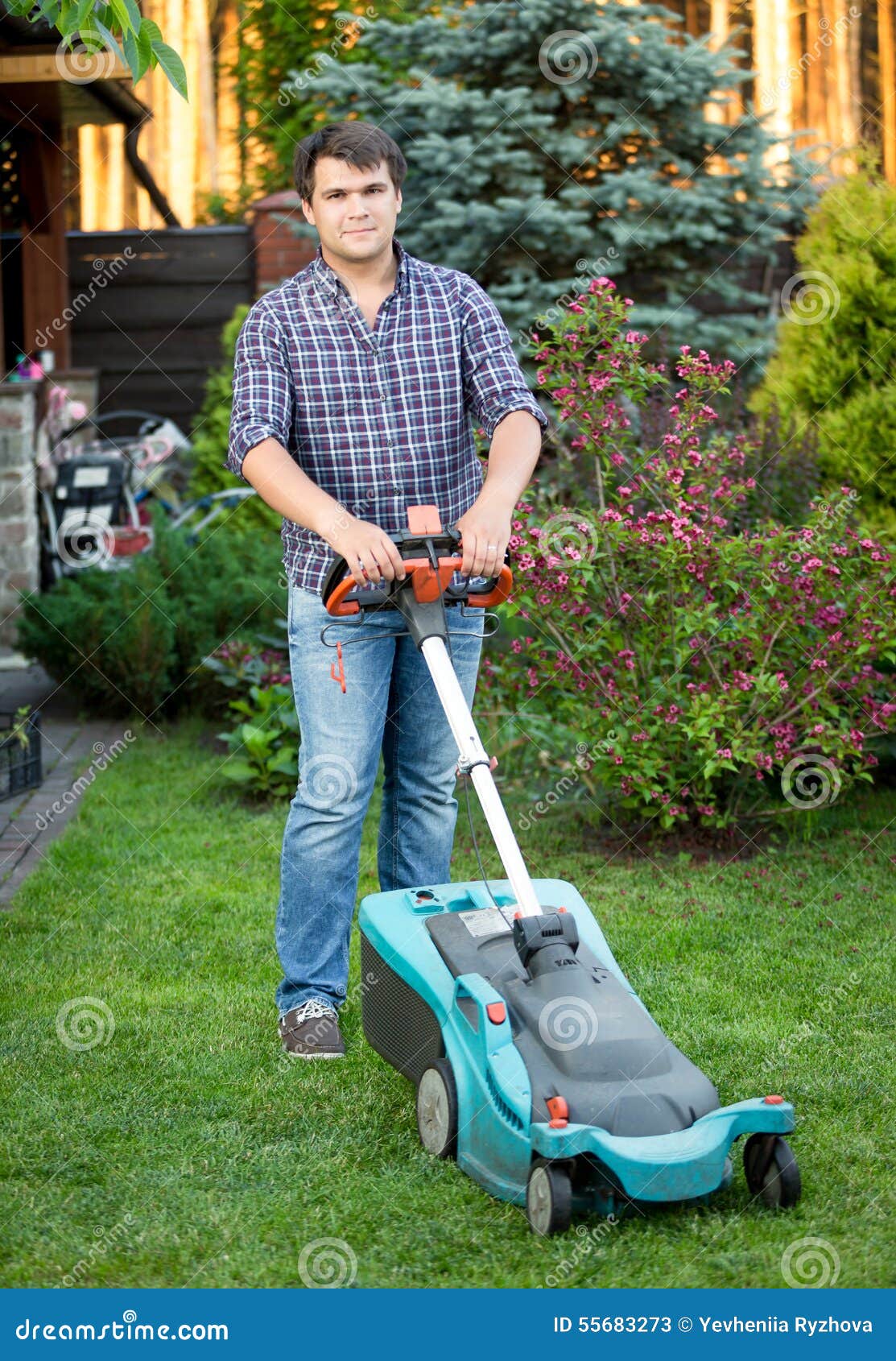 Young Man Mowing Grass at House Backyard Stock Image - Image of mowing ...