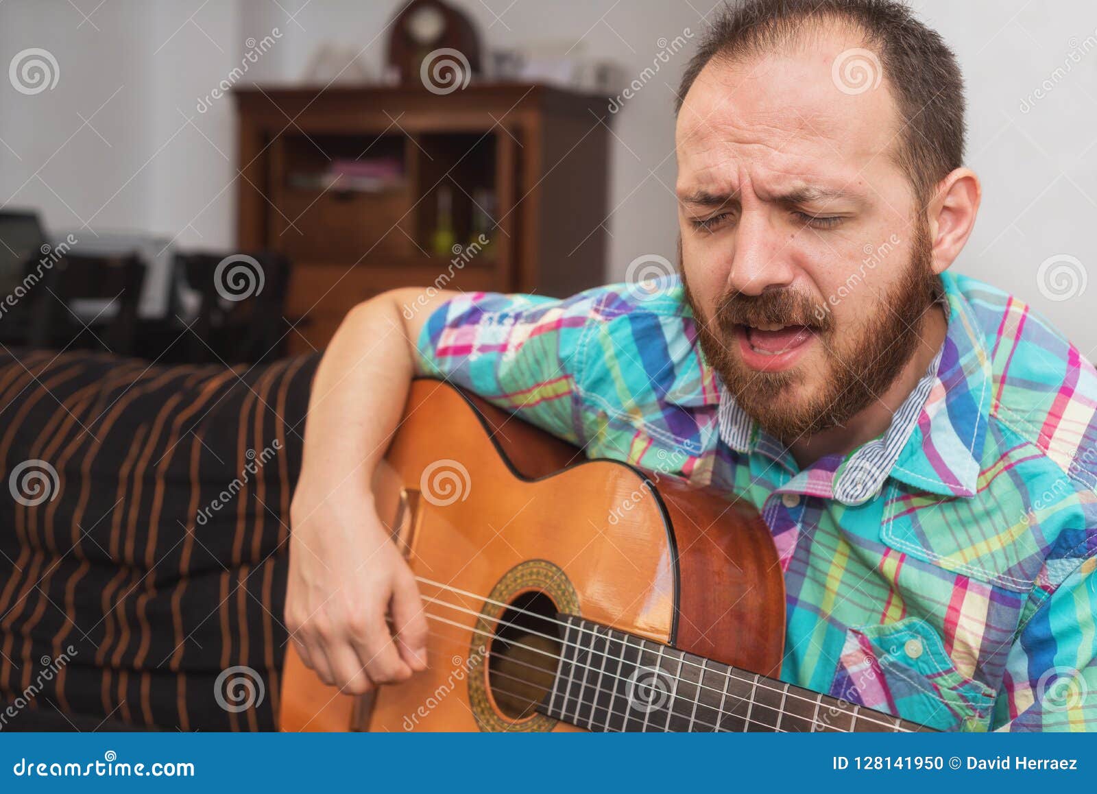 Young Man Musician Playing Acoustic Guitar Stock Photo - Image of human ...