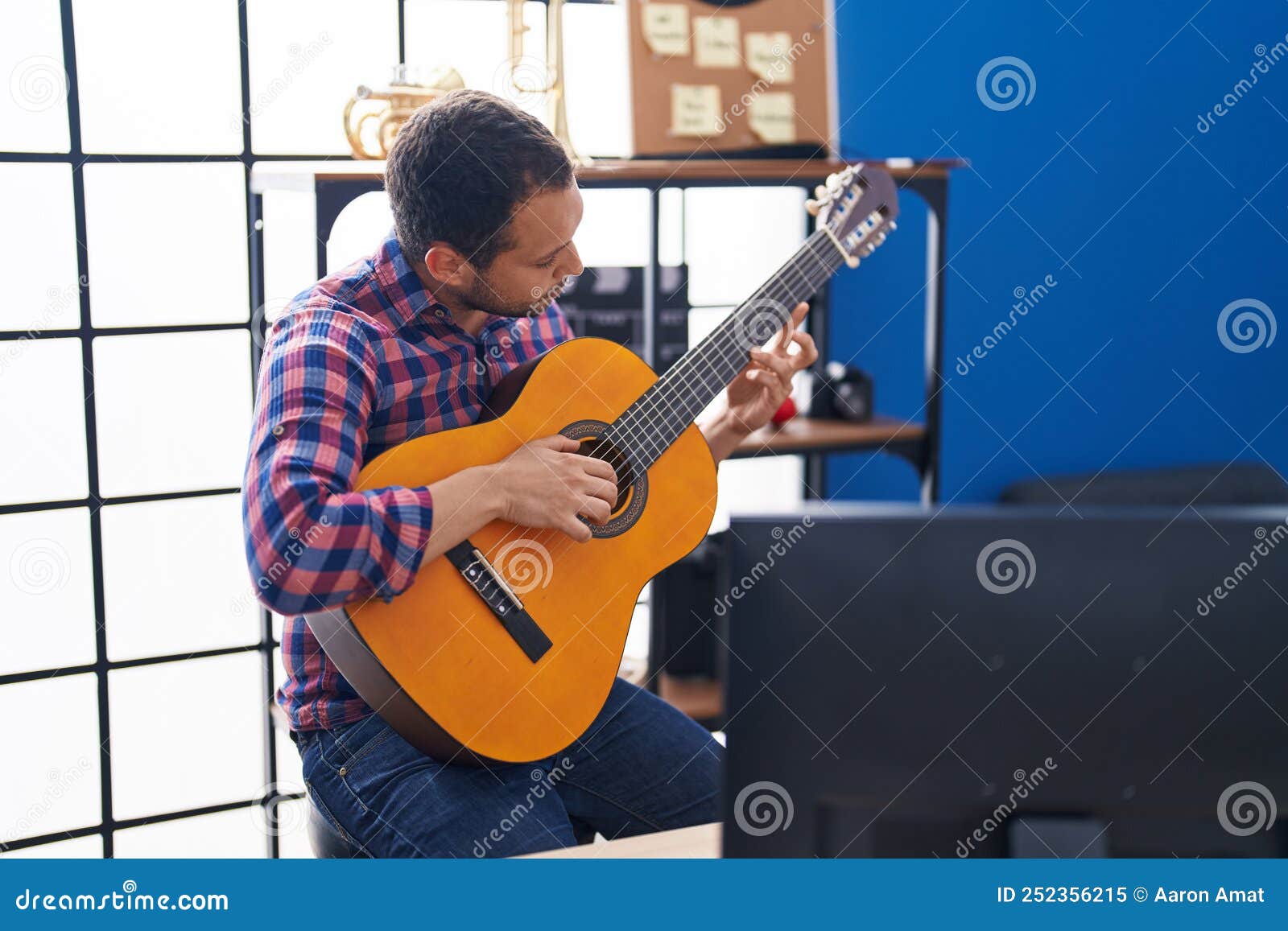 Young Man Musician Playing Classical Guitar at Music Studio Stock Image ...