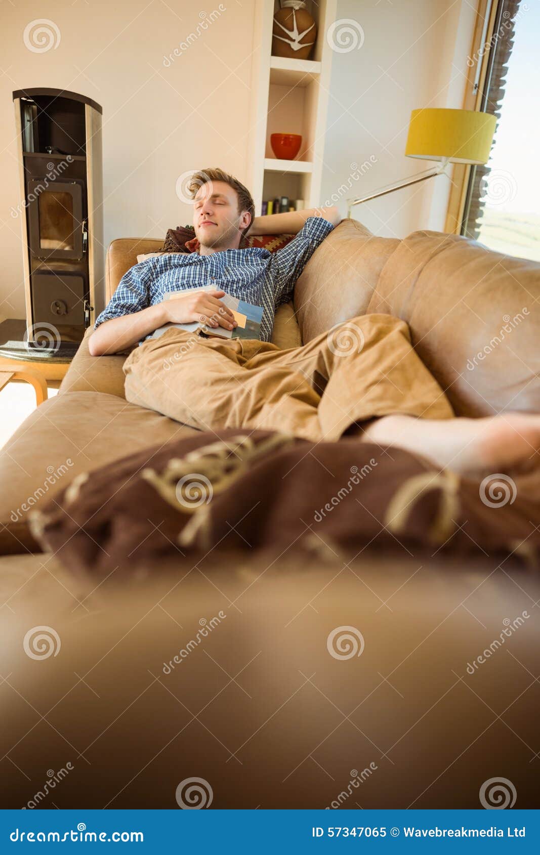 Young Man Napping on His Couch Stock Image - Image of check, front ...