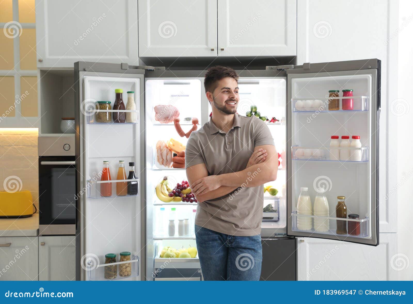 Man Near Open Refrigerator in Kitchen Stock Image - Image of fruits ...