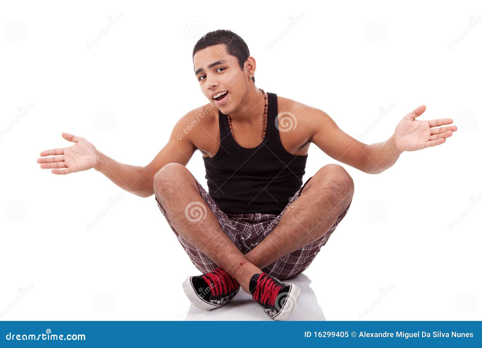 Young Man with Open Arms, Sitting on Floor Stock Image - Image of shirt ...