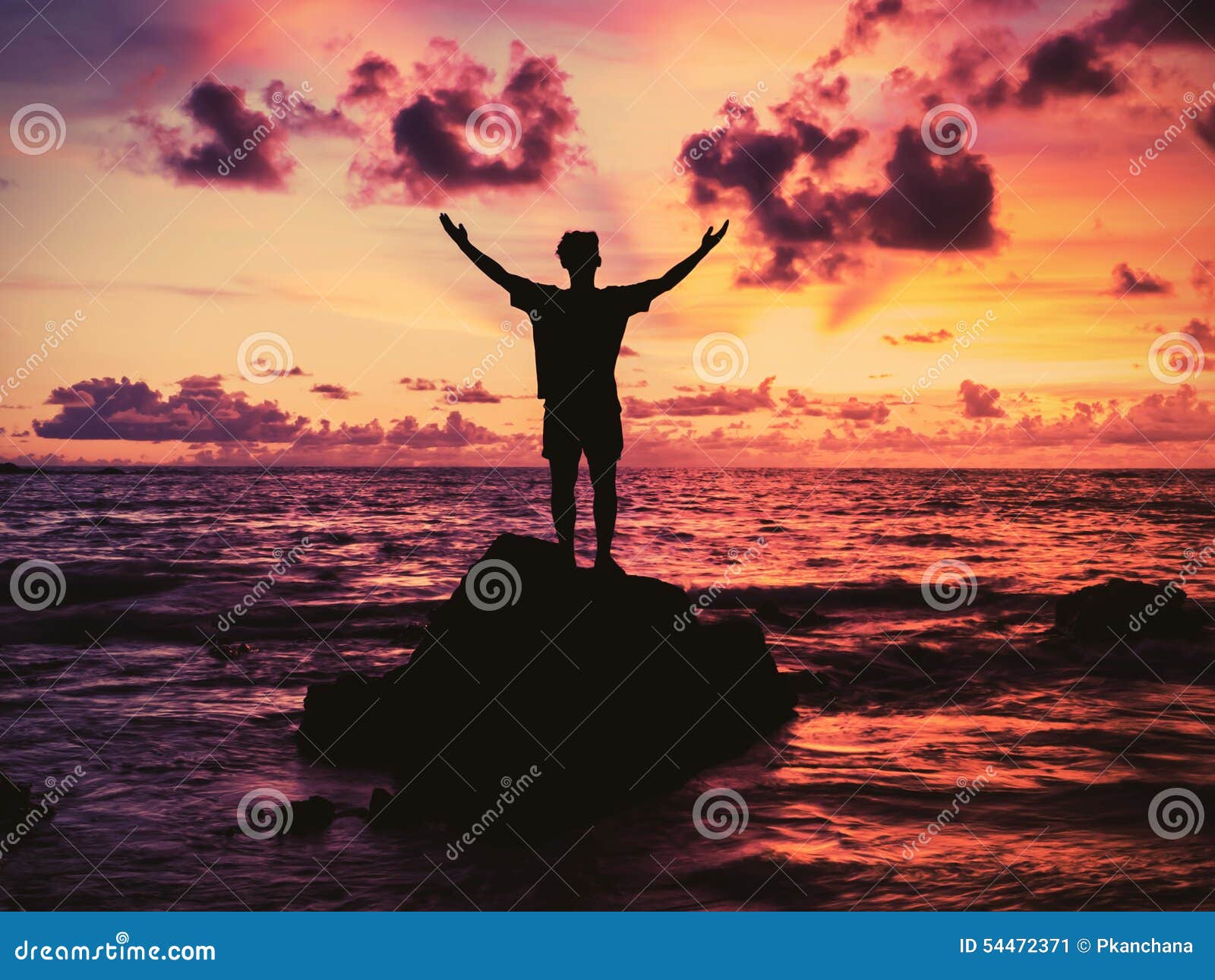 Young Man Open Arms at Sunset Stock Image - Image of destination ...