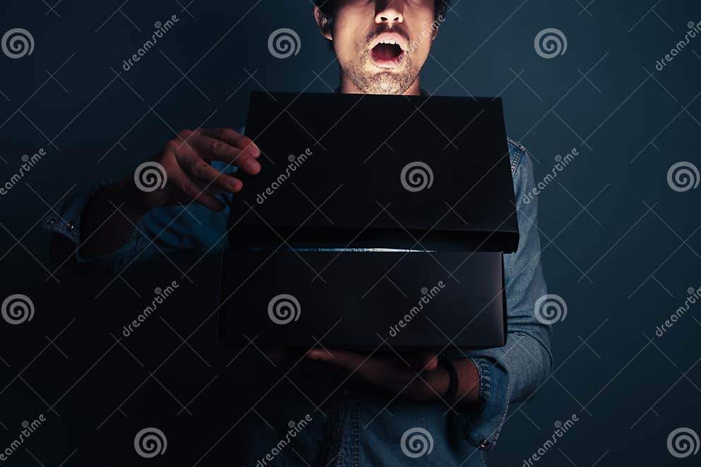 Young Man Opening an Exciting Box Stock Image - Image of good, contrast ...