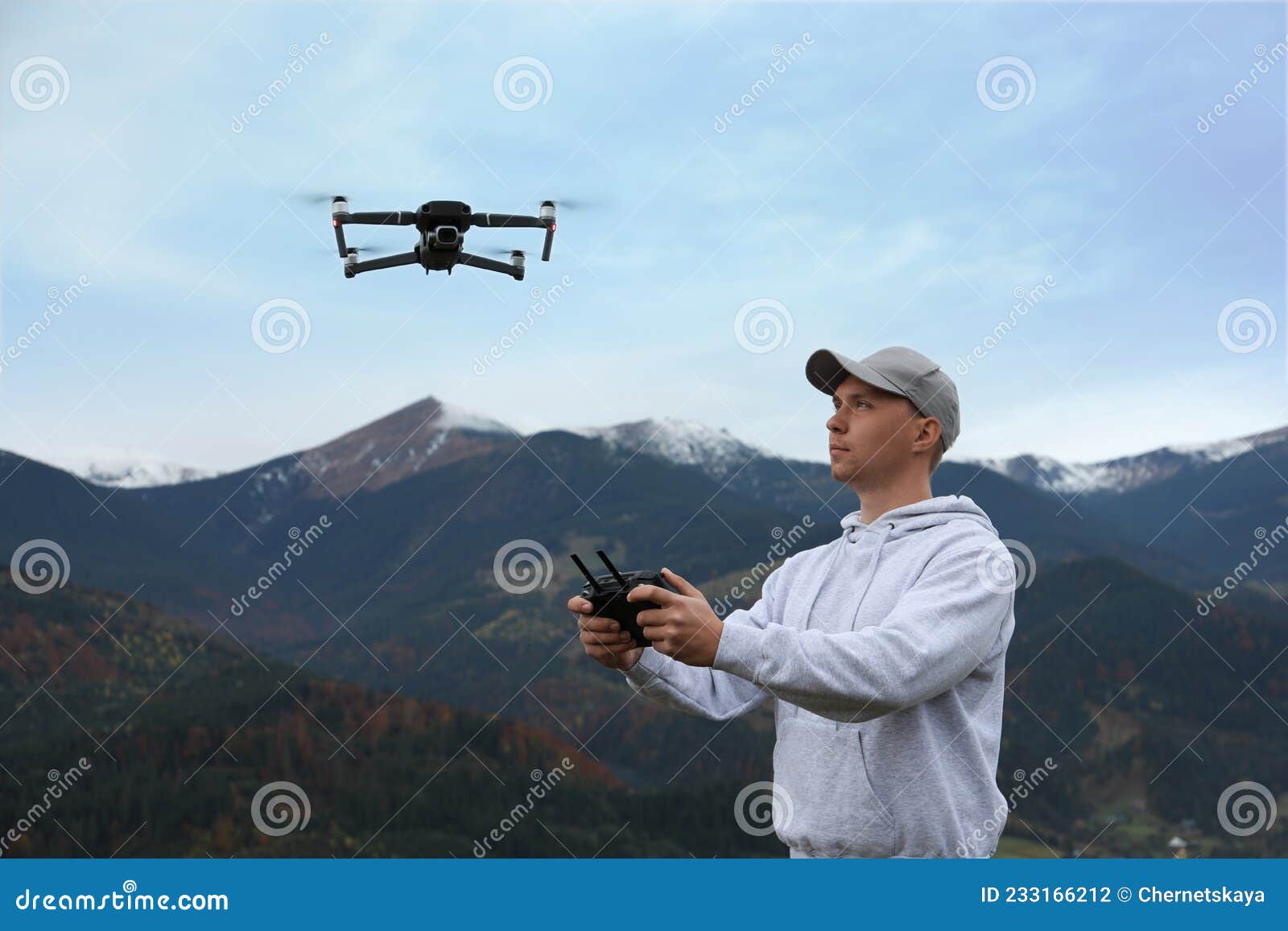 Young Man Operating Modern Drone with Remote Control in Mountains Stock ...