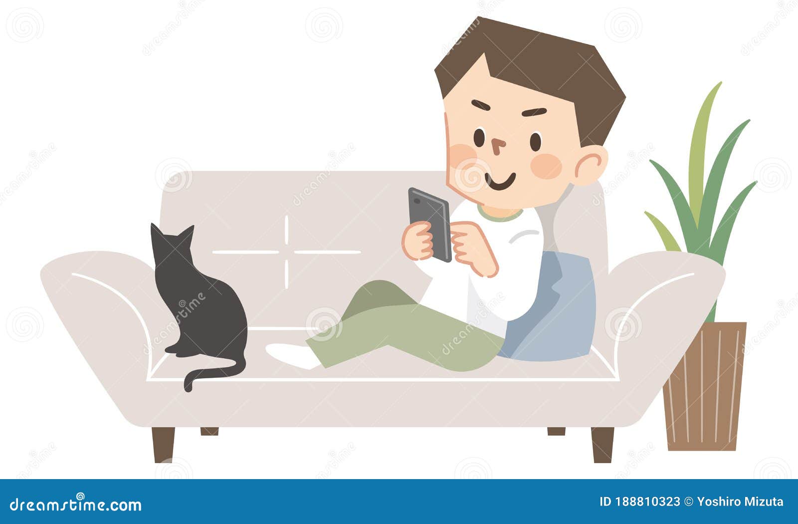 Young Man Operating a Smartphone on the Sofa Stock Vector ...
