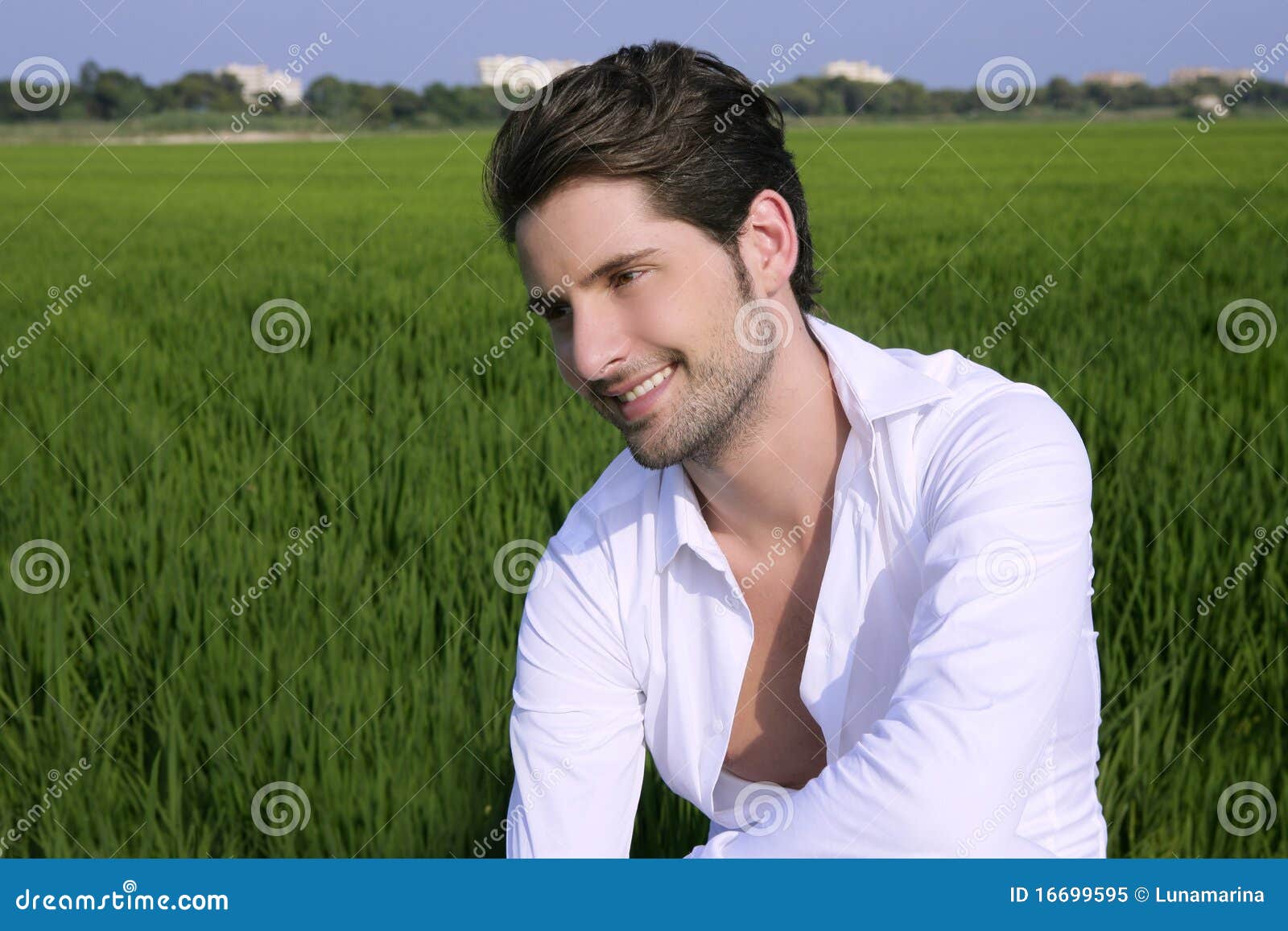 Young Man Outdoor Happy in Green Meadow Stock Image - Image of outside ...