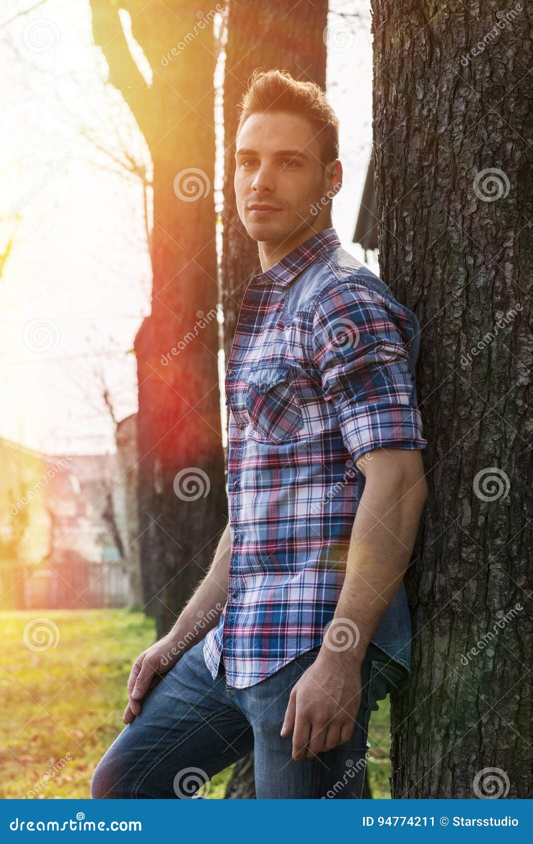 Young Man Outdoors Against a Tree, at Sunset Stock Image - Image of ...