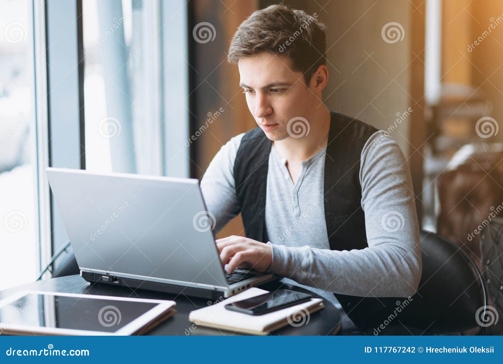 Young Man with Pc Computer at Cafe Stock Photo - Image of browsing ...