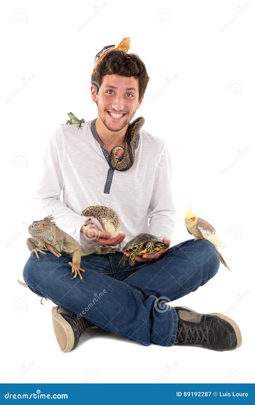Young man with pets stock image. Image of bird, animals - 89192287