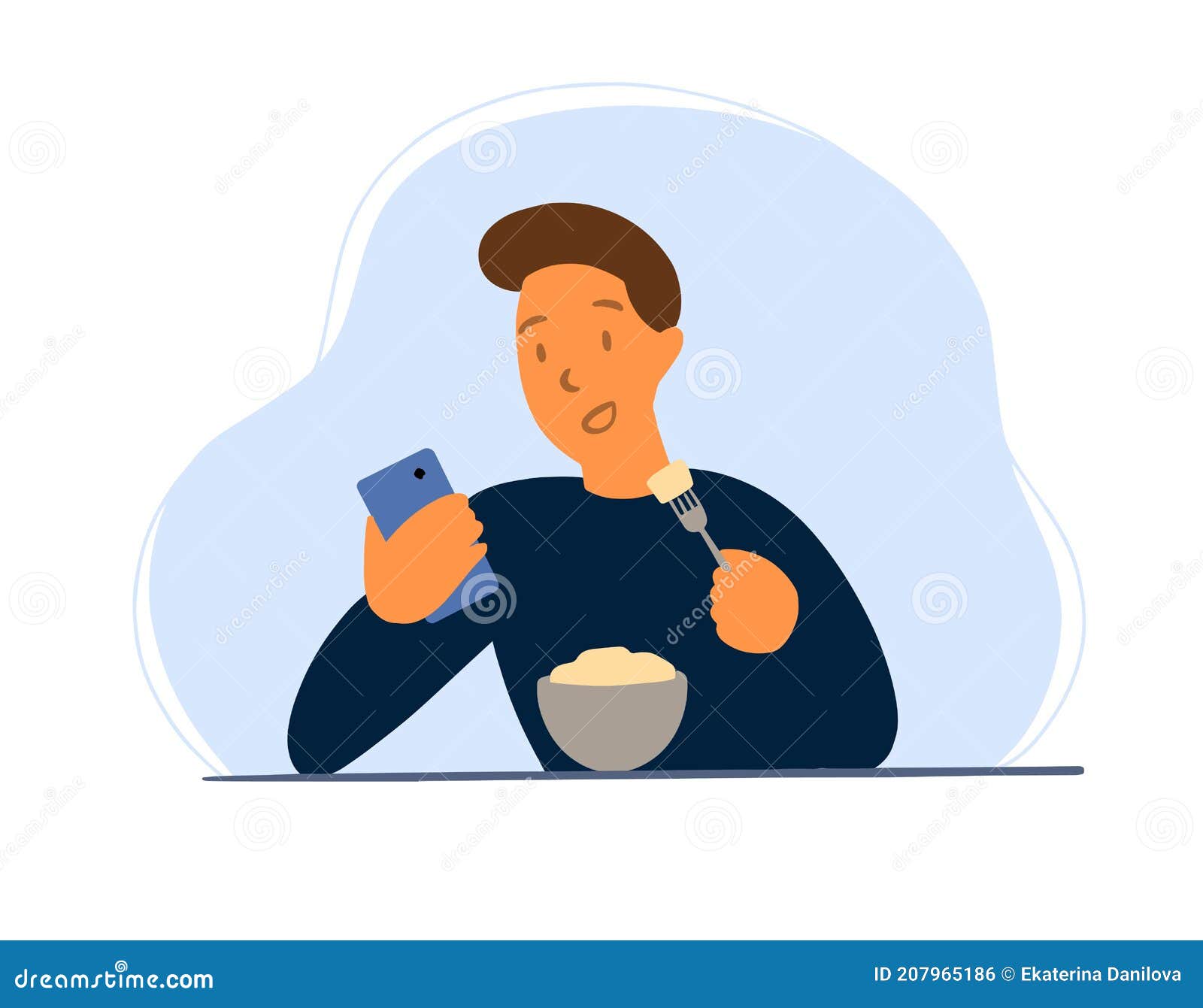 The Young Man with a Phone at Lunch. Phone Addiction Stock Vector ...