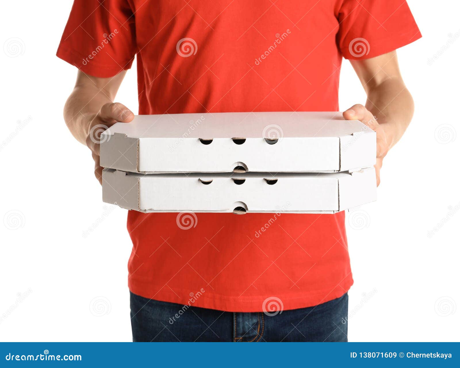 Young Man with Pizza Boxes on White Background. Stock Image - Image of ...