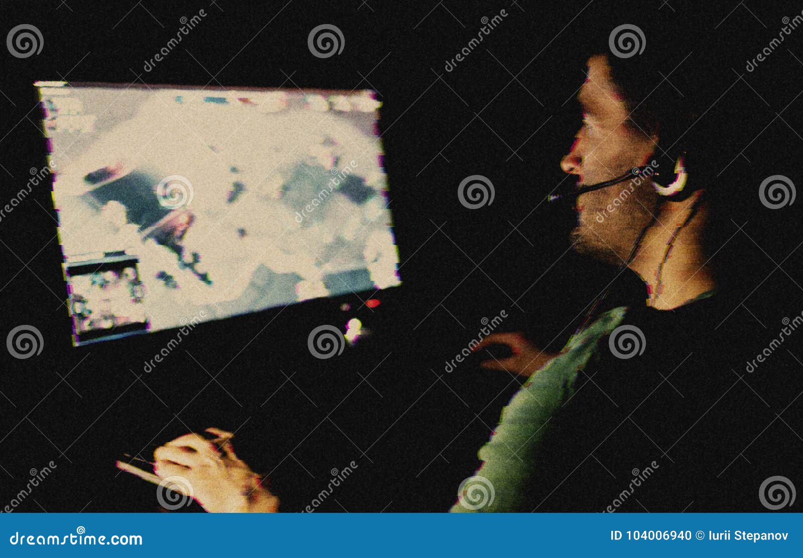 Young Man Playing Computer Game. Glitch Effect Added Stock Photo ...