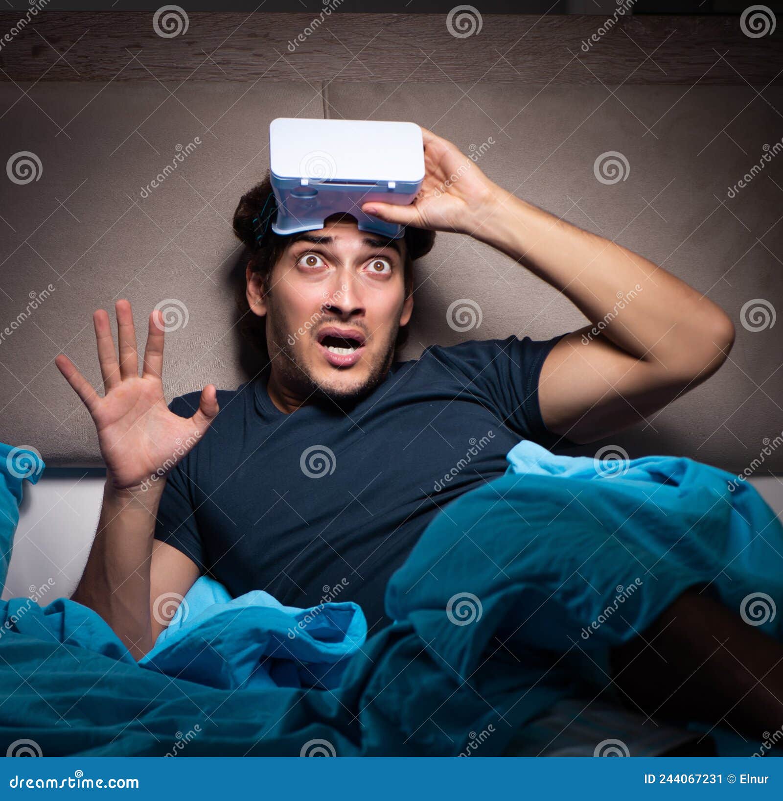 Young Man Playing Computer Games at Night in Bed Stock Image - Image of ...