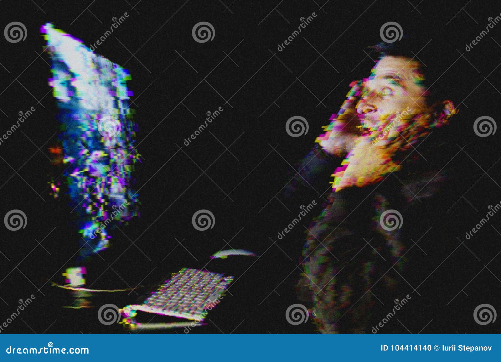 Young Man Playing Computer Game. Glitch Effect Added Stock Photo ...