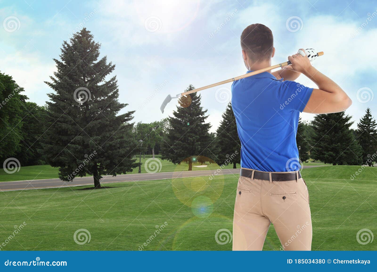 Young Man Playing Golf on Course with Grass, Back View. Space for ...