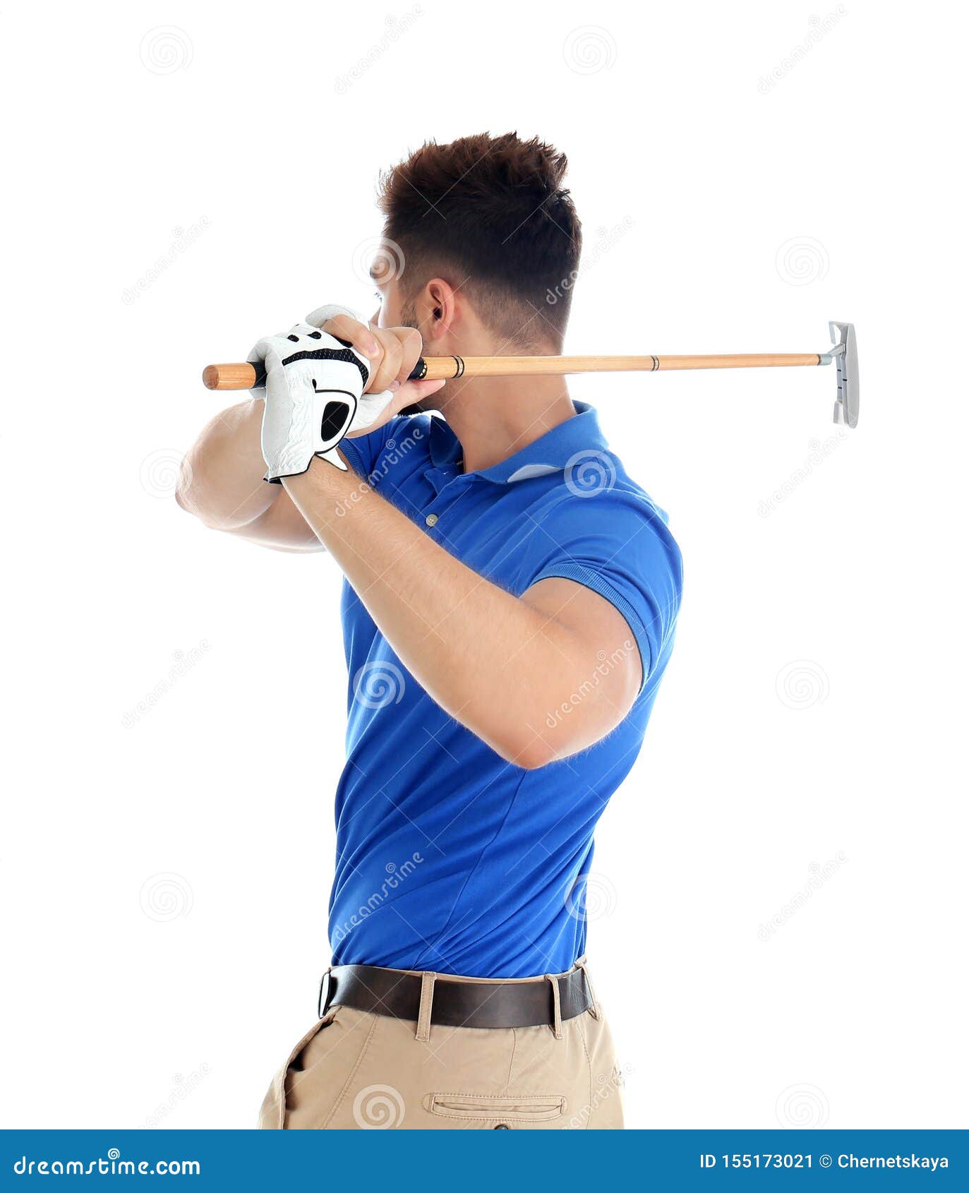 Young Man Playing Golf on White Stock Image - Image of back, background ...