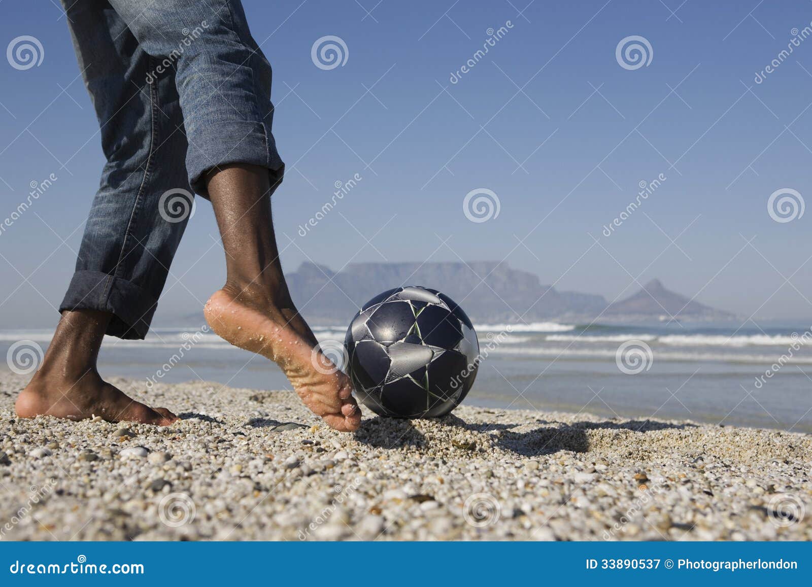 Young Man Playing Soccer on Beach Stock Image - Image of copyspace ...