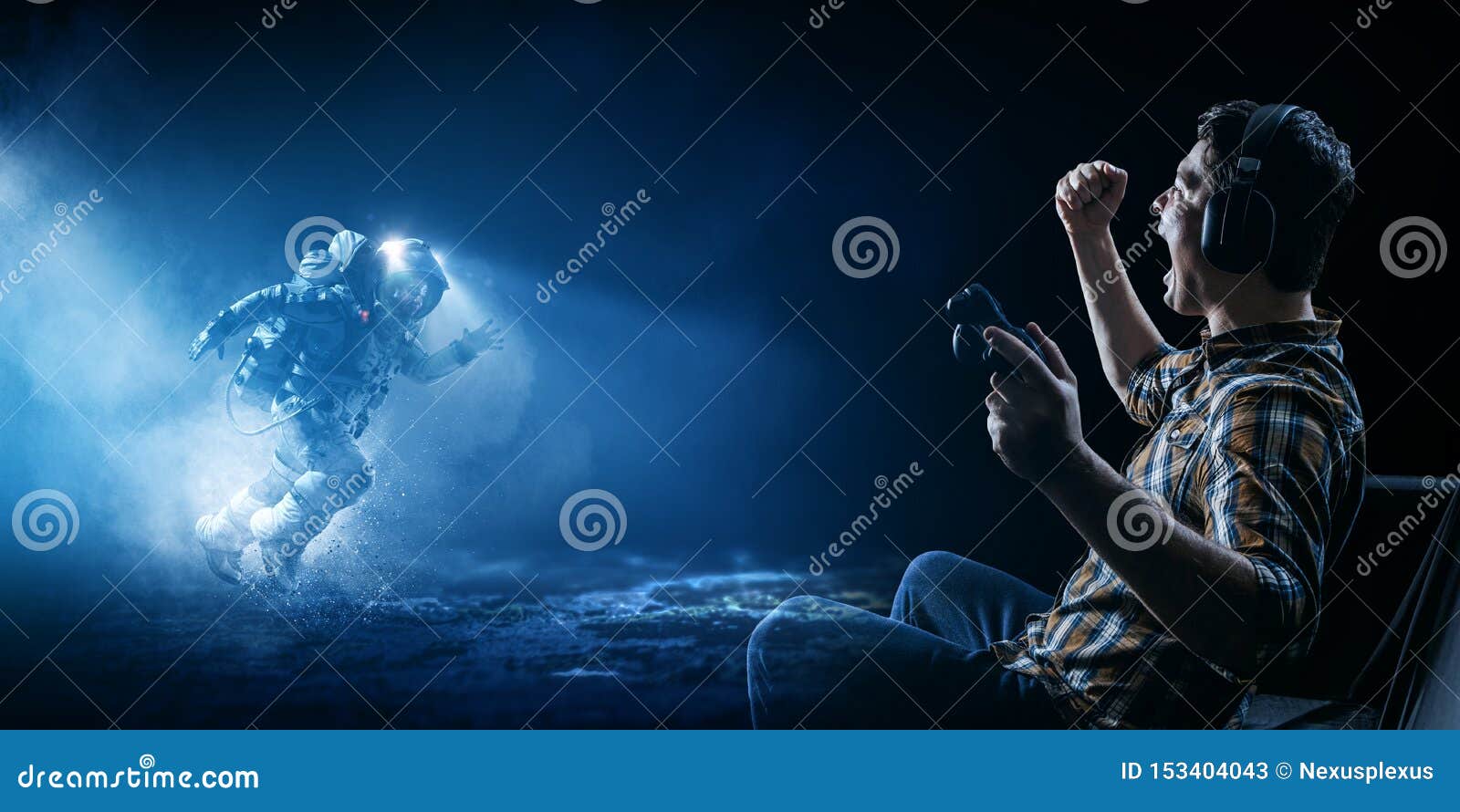 Young Man Playing Space Adventure Video Game Stock Image - Image of ...