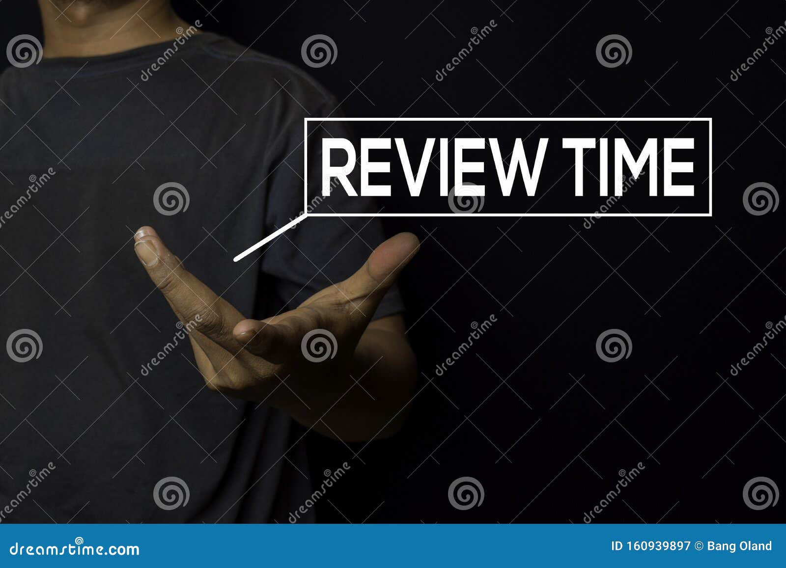 Young Man Pointed Review Time Text Isolated on Black Background Stock ...
