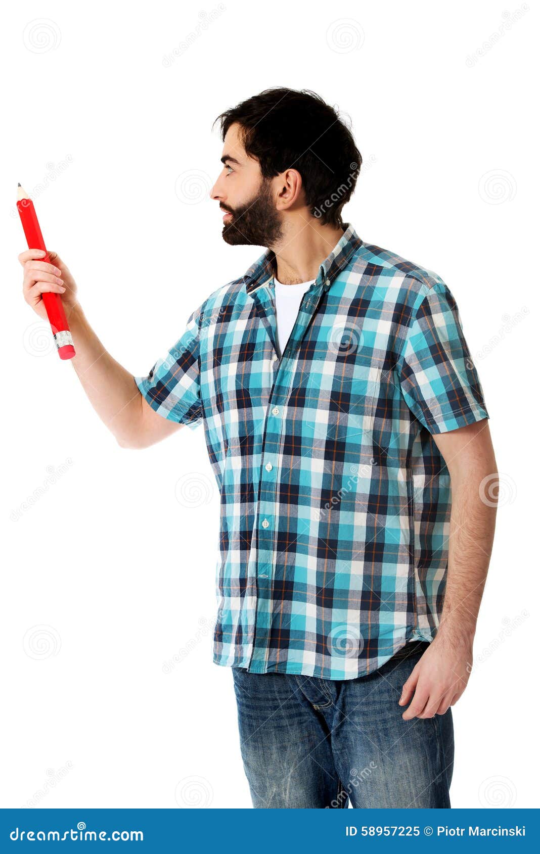 Young Man Pointing with Big Red Pencil. Stock Image - Image of showing ...