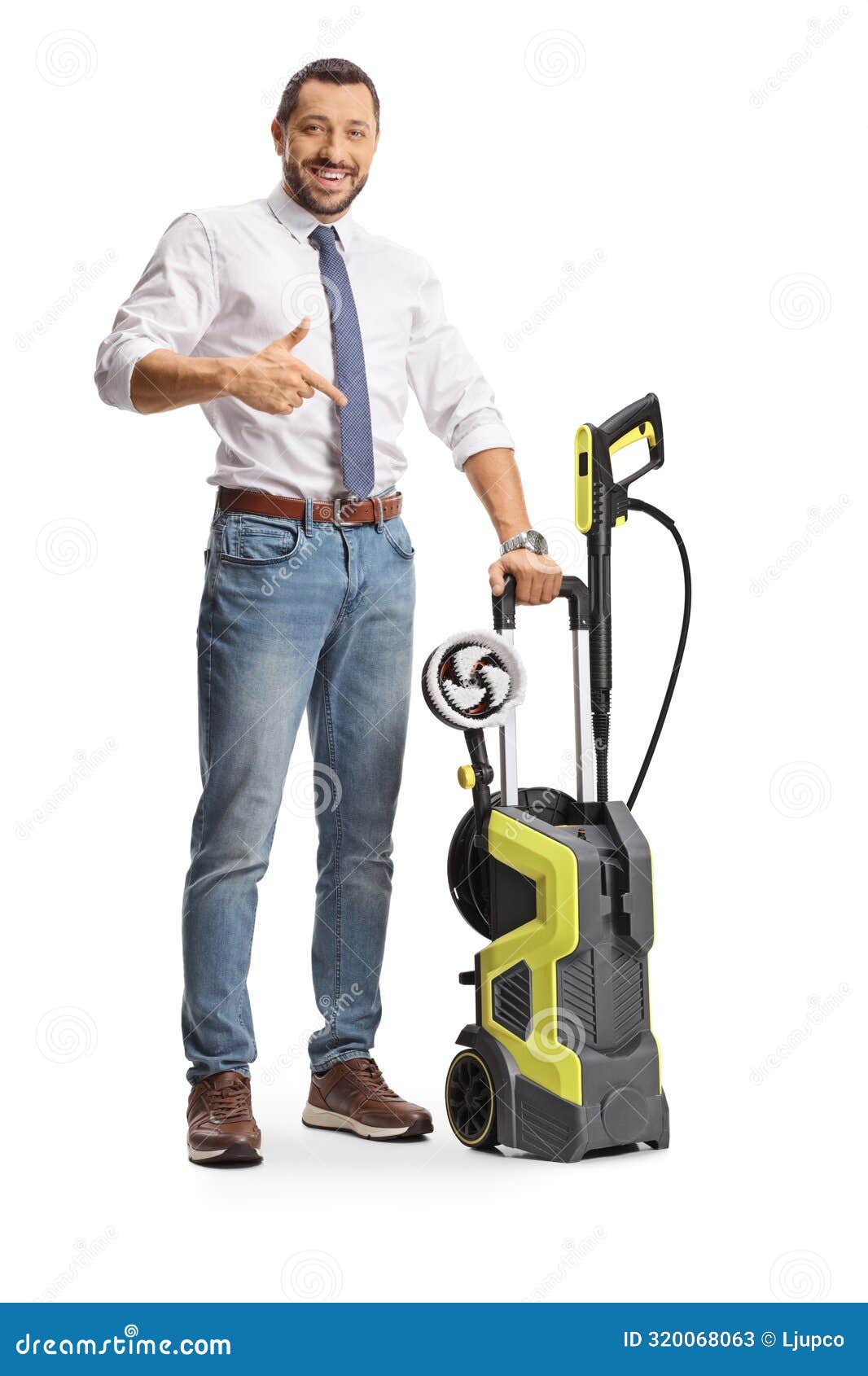 Young Man Pointing at a High Pressure Washer Machine Stock Image ...
