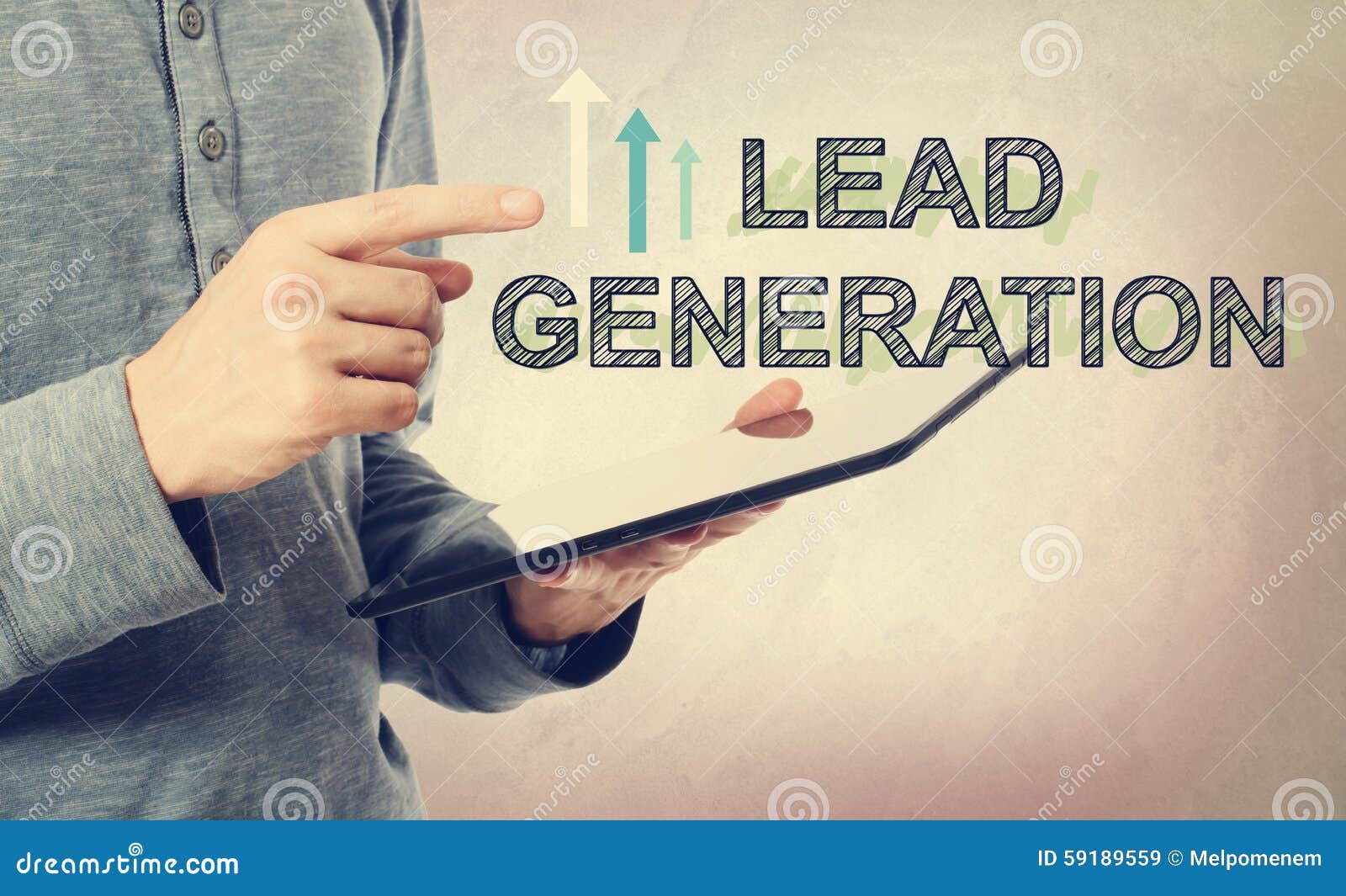 Young Man Pointing at Lead Generation Text Over Tablet Computer Stock ...