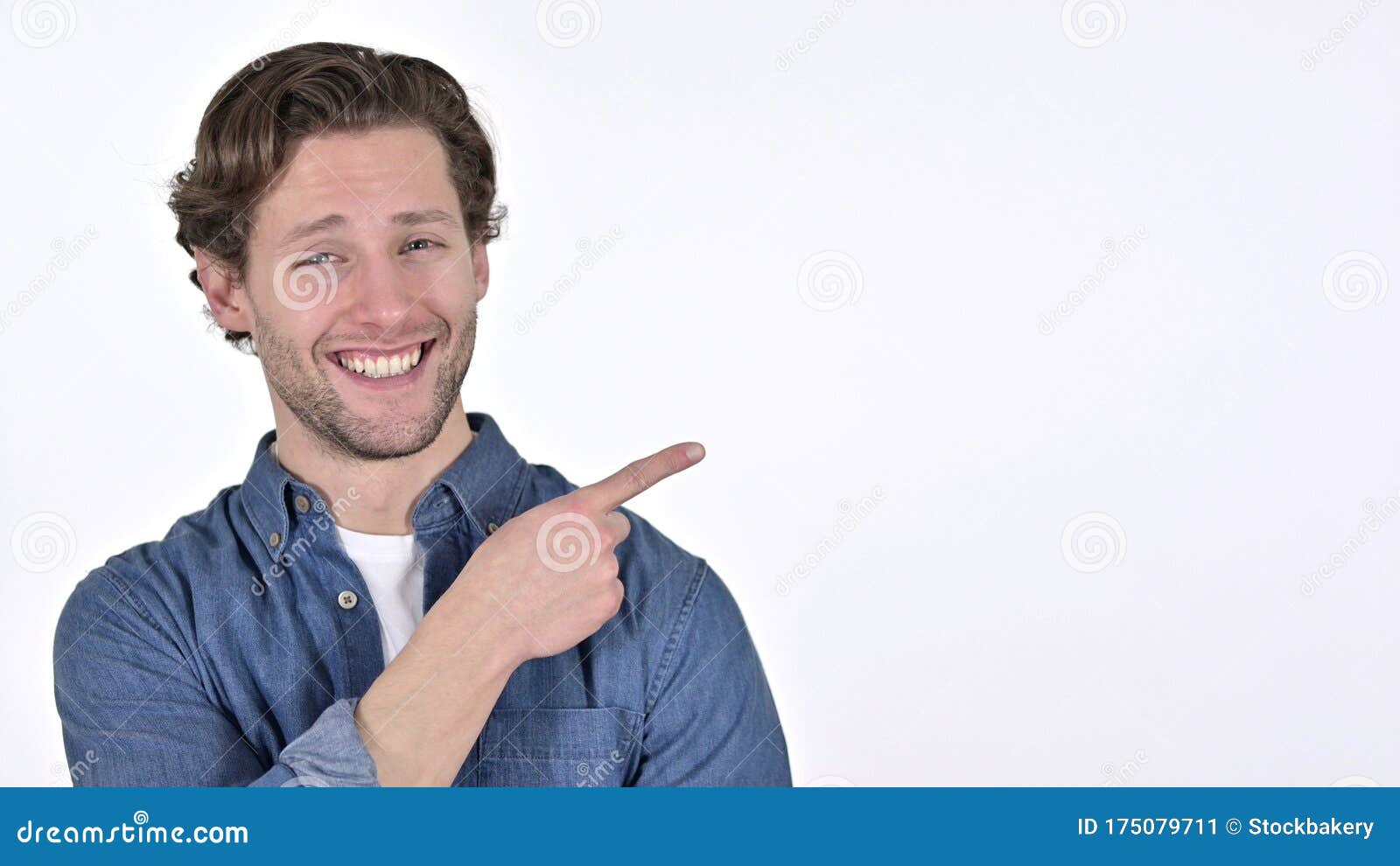 Young Man Pointing at Product, Talking on White Background Stock Image ...