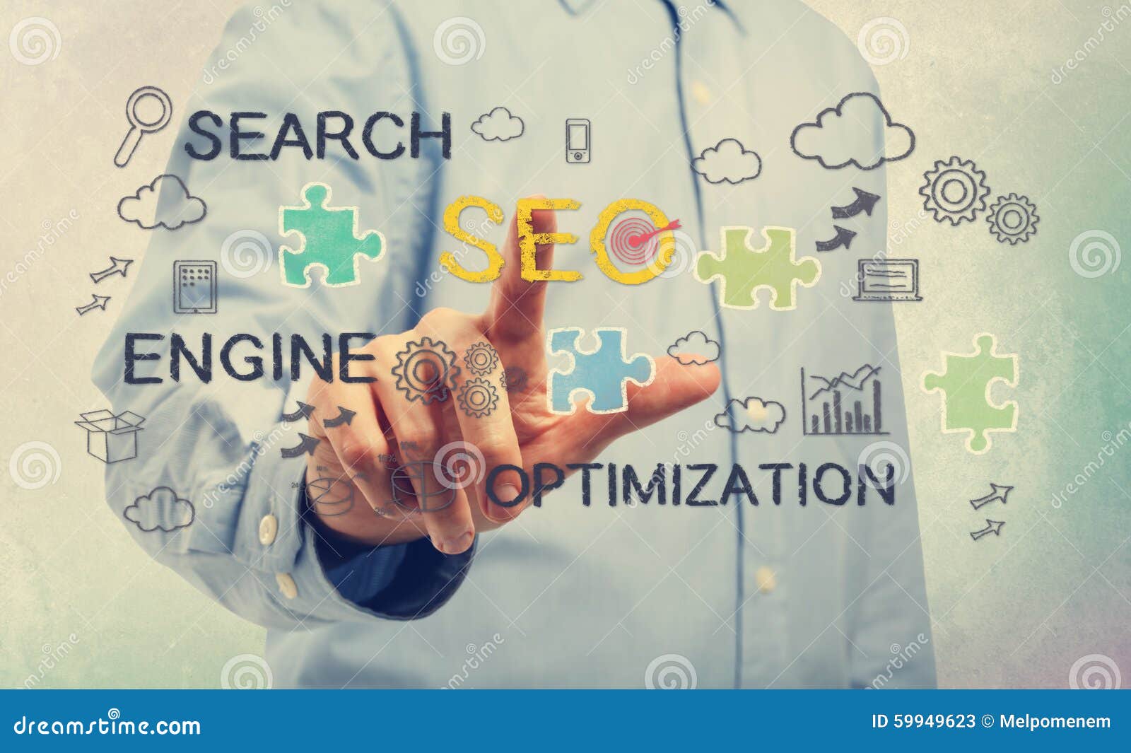 Young Man Pointing at SEO Concepts Stock Image - Image of cloud, icons ...
