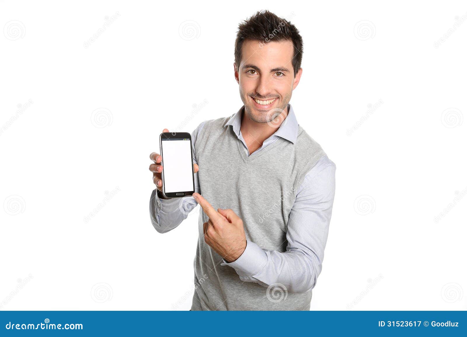 Young Man Pointing Text on Smartphone Screen Stock Image - Image of ...