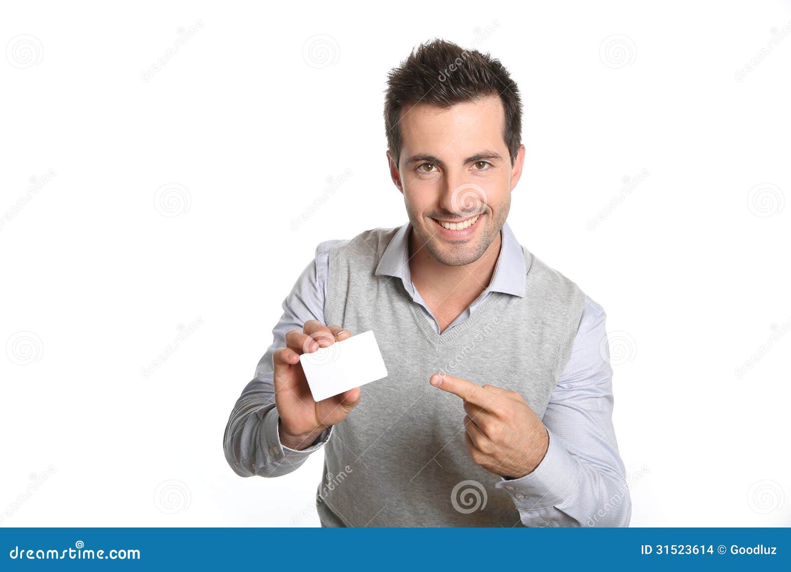 Young Man Pointing To Blank Card Stock Photo - Image of success ...